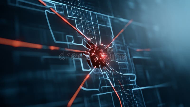 Representation of a Network Under Attack with Red Lines Breaching Blue ...