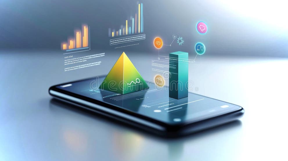 Representation of a Smartphone Screen Displaying 3D Data Graphics and ...