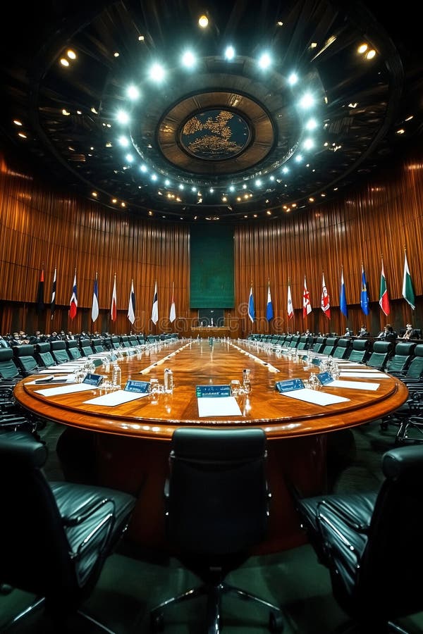 International Meeting Taking Place in a Large Hall with a Round Table ...