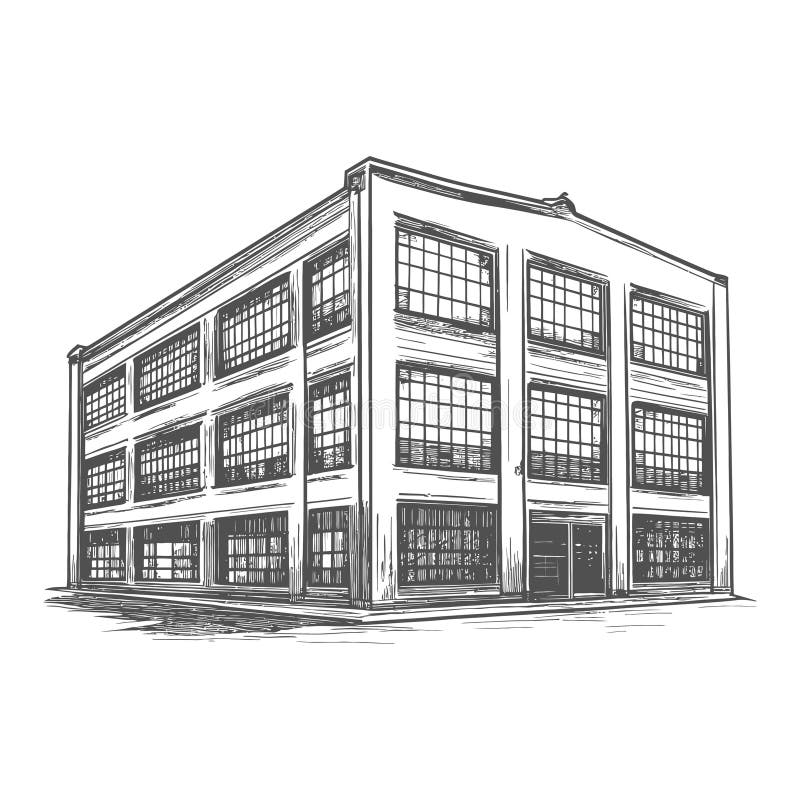 Hand-Drawn Sketch of a Large Industrial Building with Many Windows ...