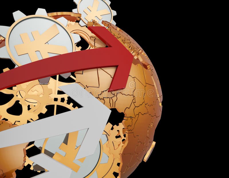 Technology Globe and Gear, RMB Currency Symbol, Global Cooperation and ...