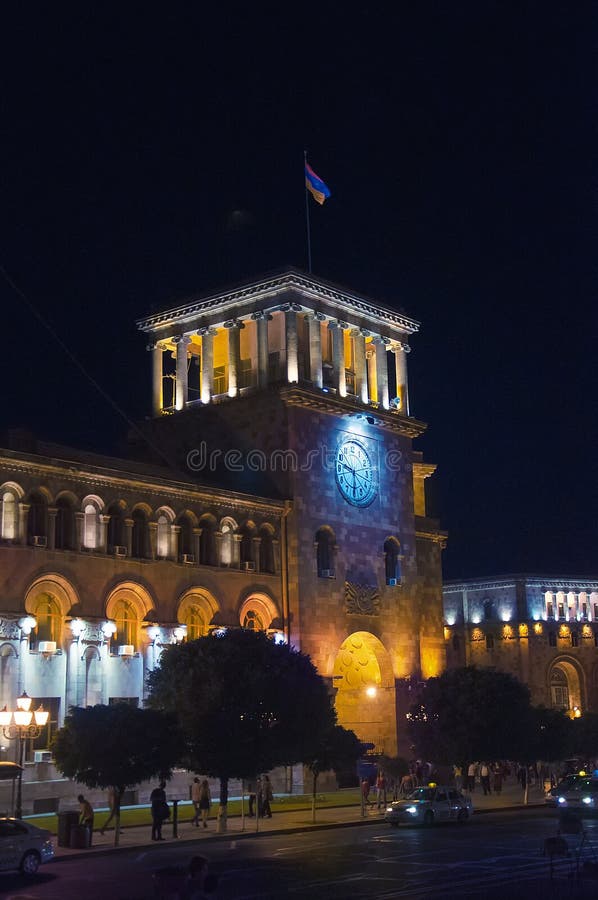 The Republic Square in Yerevan in the Evening. Clock Tower ...