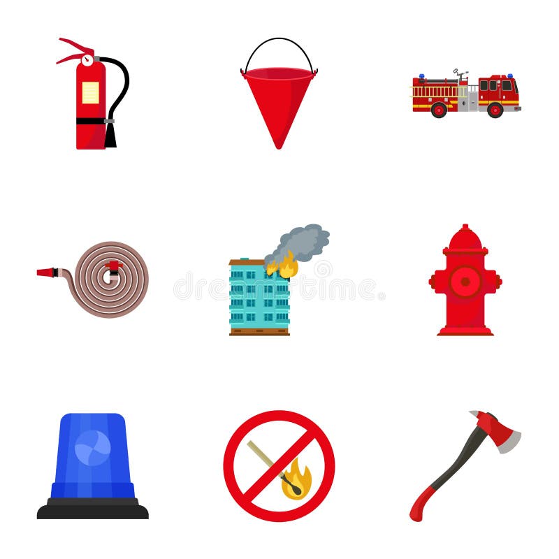 Rescue Firefighter Icon Set, Flat Style Stock Vector - Illustration of ...