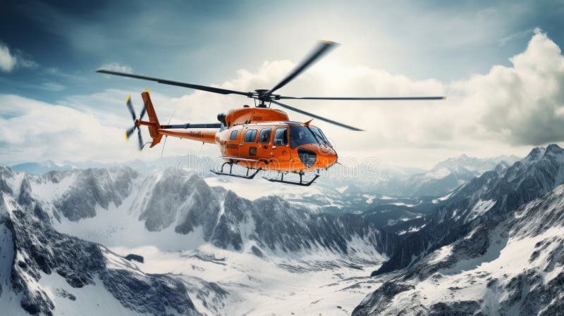 A Rescue Helicopter Flies Over Snowy Mountains Stock Photo - Image of ...