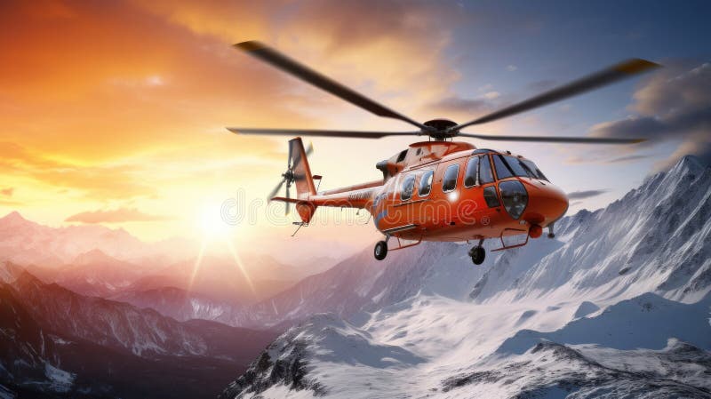 A Rescue Helicopter Flies Over Snowy Mountains Stock Image - Image of ...