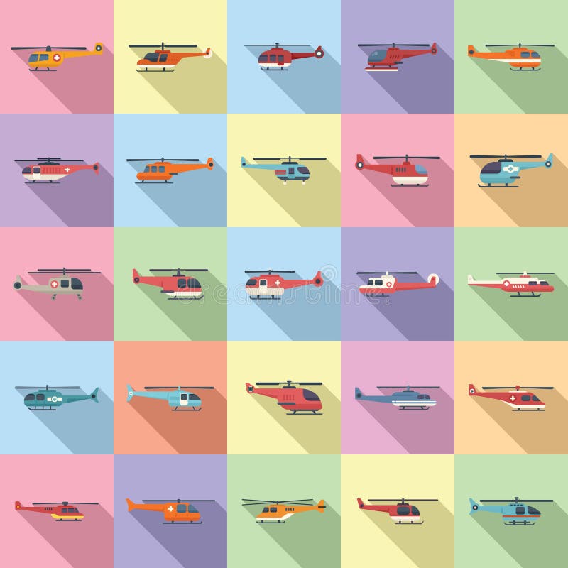 Rescue Helicopter Icons Set Flat Vector. Air Engine Stock Vector ...