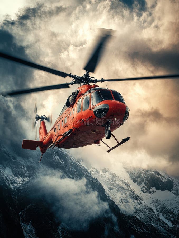 Rescue Helicopter Soars Over Majestic Mountains in Dynamic Light and ...