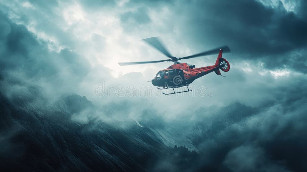 Rescue Helicopter Navigating Dramatic Clouds Over Rugged Mountain ...