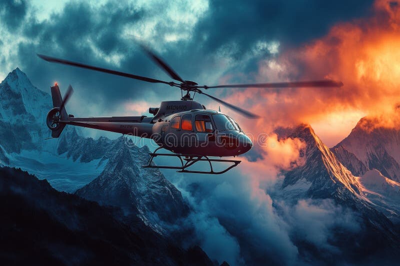 Rescue Helicopter Navigating Dramatic Mountains Under a Stormy Sky with ...