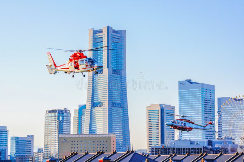 Rescue Helicopter Over the City Stock Image - Image of technology, blue ...
