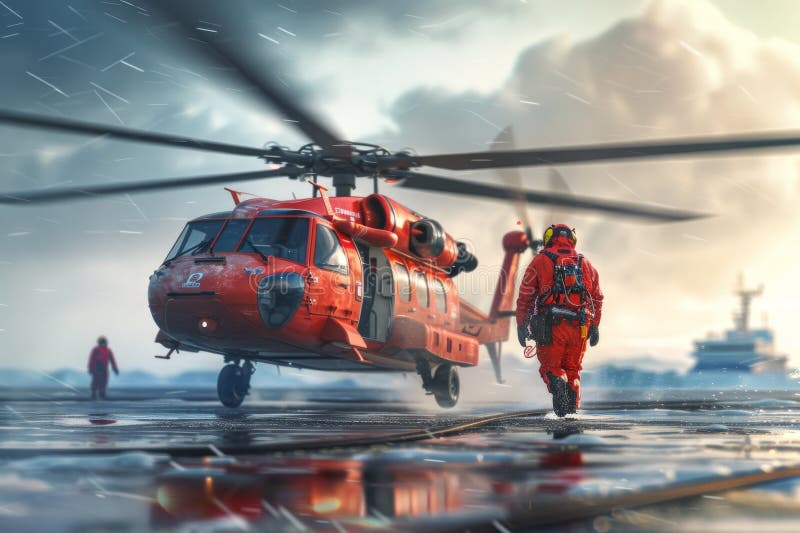 Rescue Helicopter and Team on Ship Deck Stock Photo - Image of airfield ...