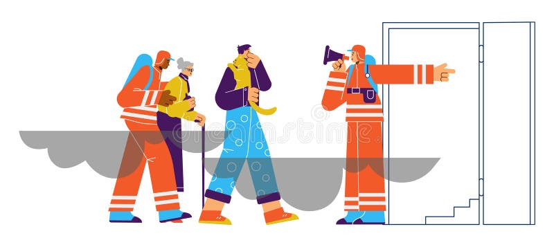 Rescue Team Conducting Fire Evacuation Flat Cartoon Vector Illustration ...