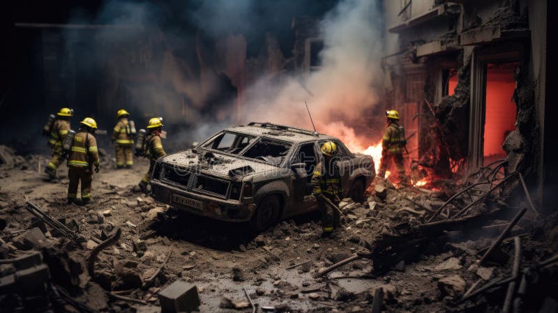 The Rescue Team is Working at the Site of the Man-made Disaster ...