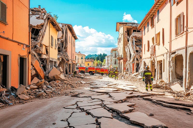 Devastation in a Small Town Following a Powerful Earthquake, with ...