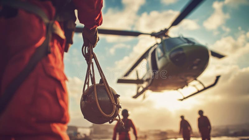 Rescue Worker Prepares Equipment Near Helicopter Stock Illustration ...