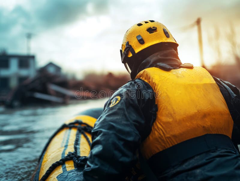 Rescue Worker in Yellow Gear Navigates Flooded Area with Raft Under ...
