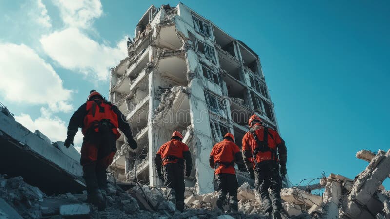 Rescue Workers Assess a Collapsed Building after a Disaster Stock ...
