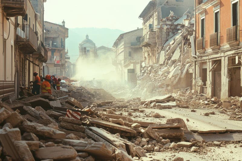 Rescue Workers among Debris in a City after an Earthquake, Highlighting ...