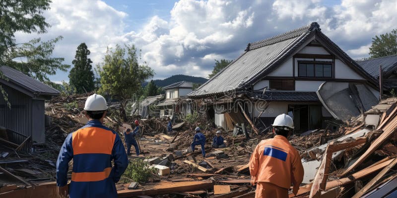 Rescue Workers Meticulously Navigate through Debris in a Devastated ...
