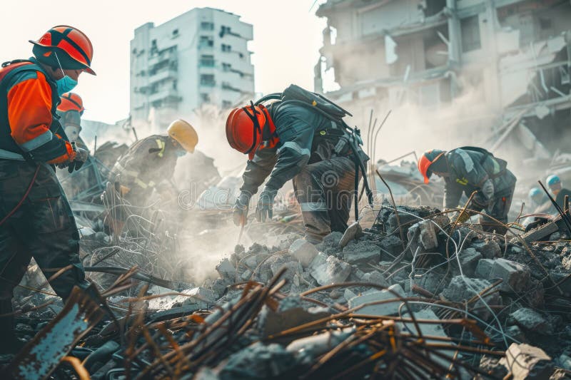 Rescue Workers Sift through Rubble after a Disaster, with Focus and ...