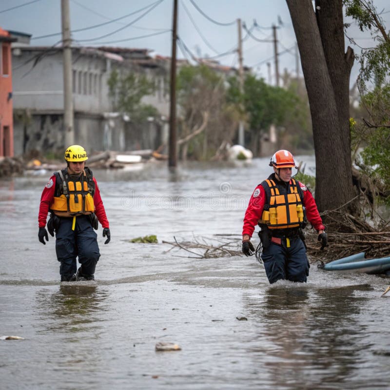 Rescue Workers Wading through Flooded Street Stock Illustration ...