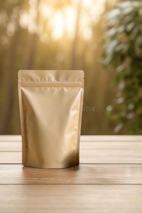 Realistic Mockup of a Resealable Pouch on a Wooden Table in a Natural ...
