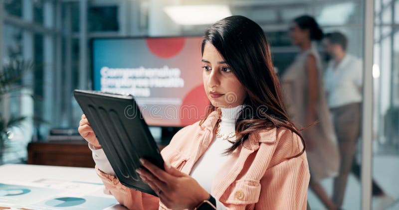 Research, Business Woman and Tablet in Office with Data, Campaign ...