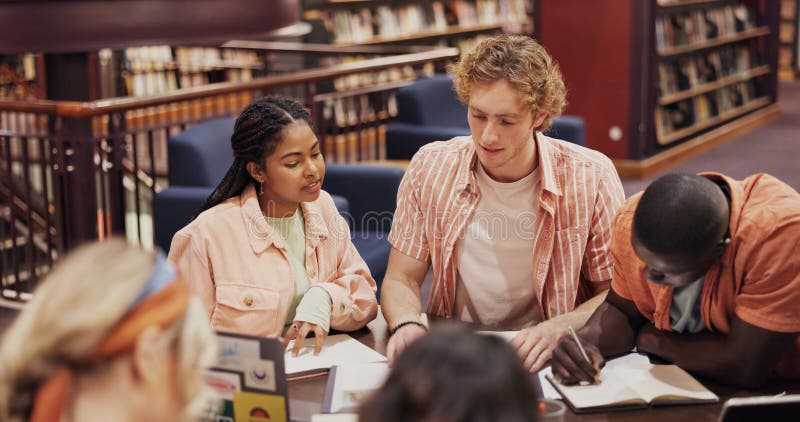 Research, College and Books with Students in Library for Assignment ...