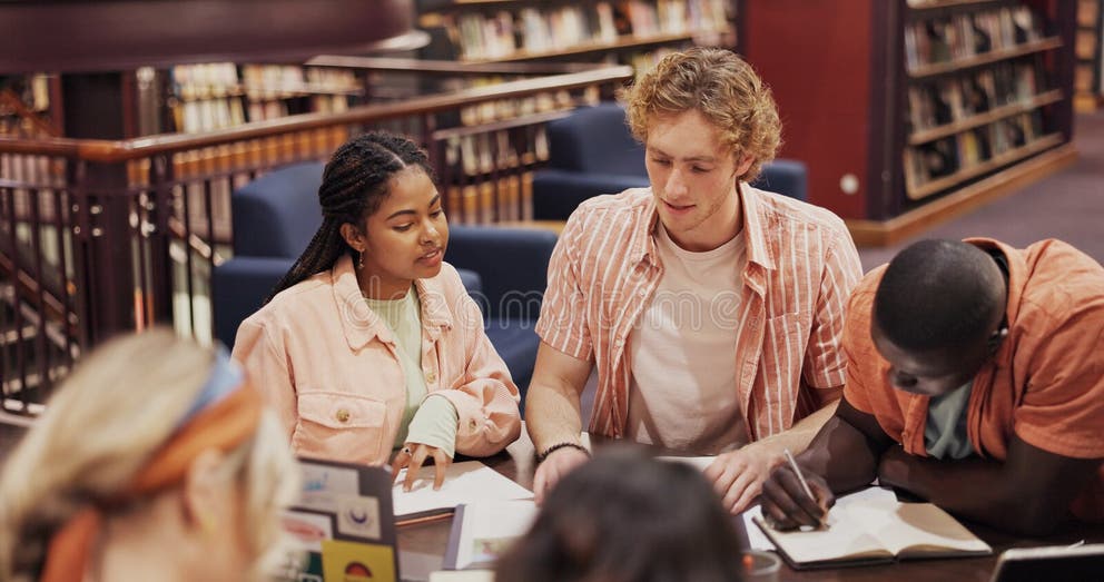 Research, College and Books with Students in Library for Assignment ...