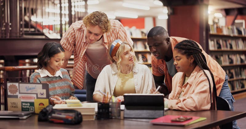 Research, College and Tablet with Students in Library for Assignment ...