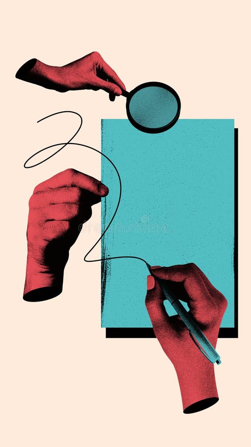 Research and Creativity. Hands Holding Magnifying Glass and Pen ...