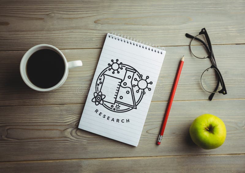 Research Doodle on Notepad Next To Coffee and Red Pencil Stock Photo ...