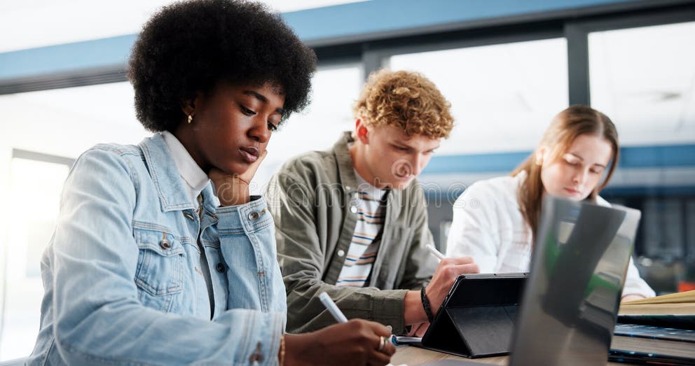 Research, Group and Students with Laptop, Classroom and Studying for ...
