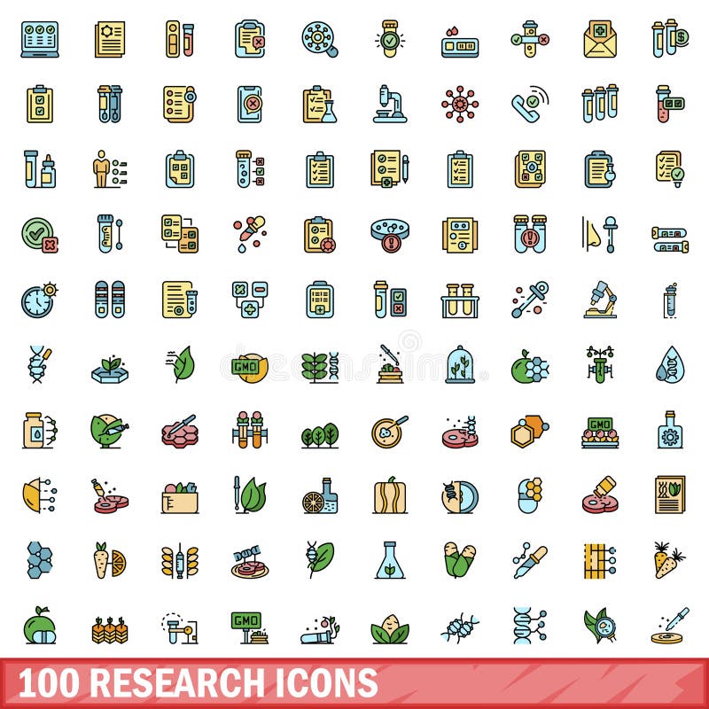 100 Research Icons Set, Color Line Style Stock Vector - Illustration of ...