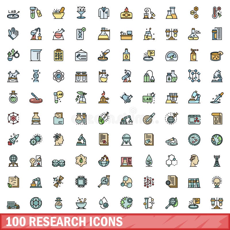 100 Research Icons Set, Color Line Style Stock Illustration ...
