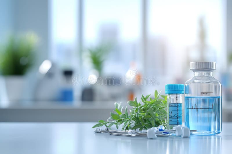 Research Lab Setup with a Vial, Testing Container, and Green Plant ...