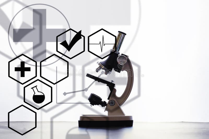 Research Laboratory. Test Tubes and Microscope on the Table. Double ...