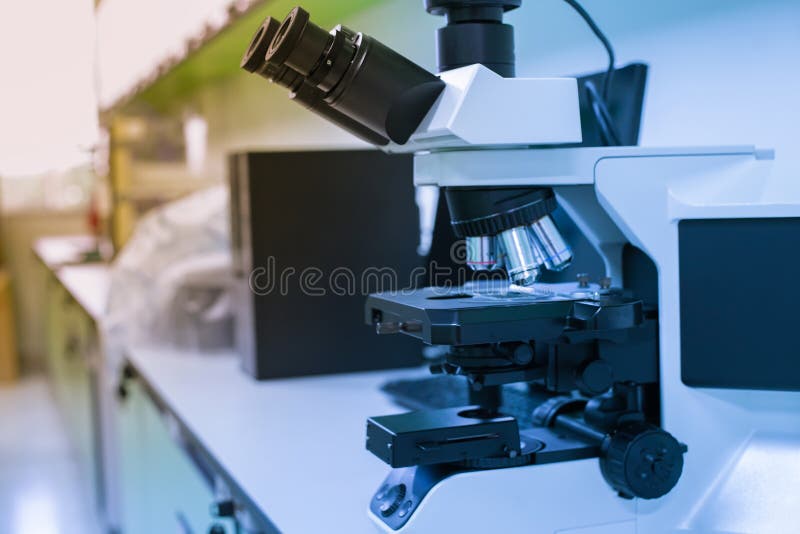 Research Microscope in Laboratory Room Stock Image - Image of ...