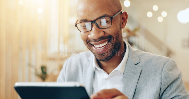 Research, Online and Black Person with Tablet, Laughing and App for ...