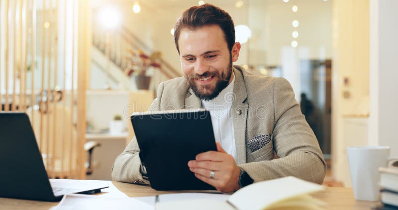 Research, Planning and Man with Tablet, Happy and Schedule for ...