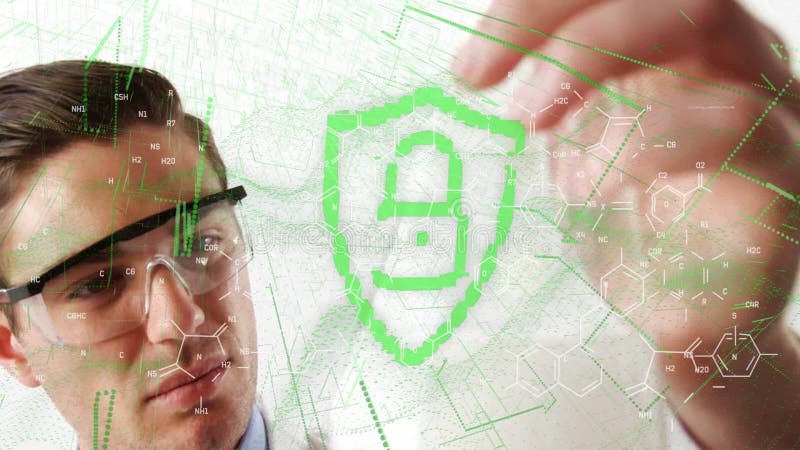 Research Scientist Lifting Finger Tracing Green Shield Drawing Padlock Securing Data with ...