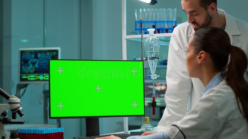 Research Scientists Using Desktop Computer with Mock Up Template Stock ...