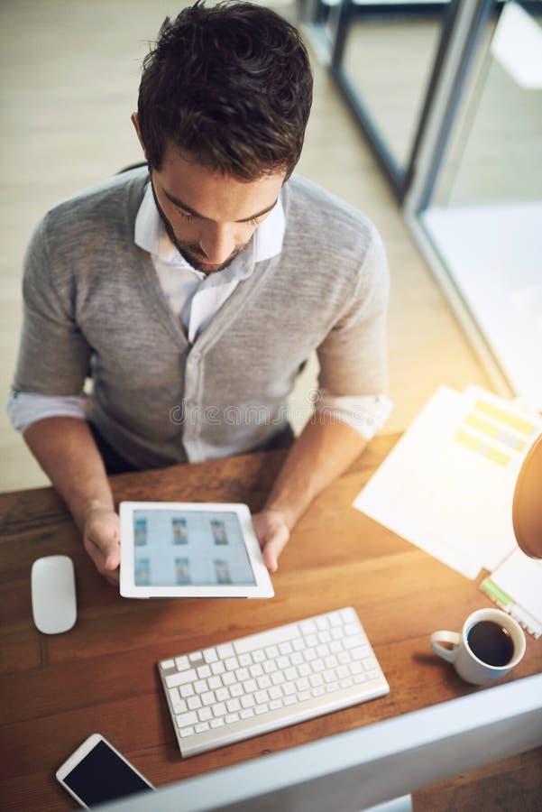 Research, Scroll and Man at Desk with Tablet, Connectivity and ...