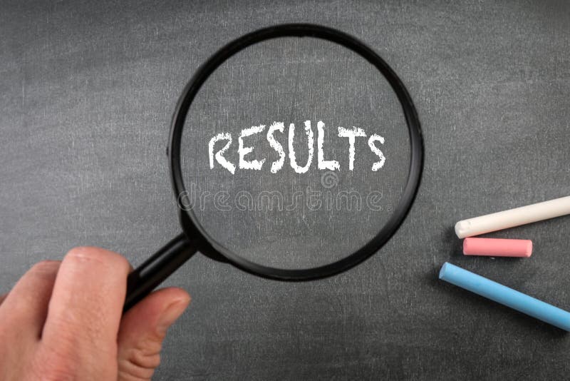 Research and Search of Results. Magnifying Glass on a Black Chalk Board ...