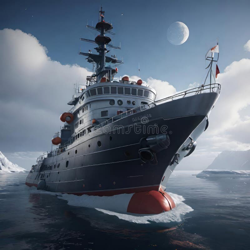 Research Ship Explores, a Huge Ship with Scientific Instruments, a Bright Setting Sun, Turquoise ...