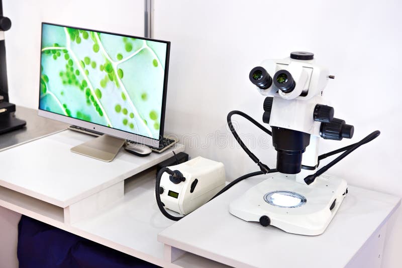 Research Stereo Microscope with Monitor Stock Photo - Image of white ...