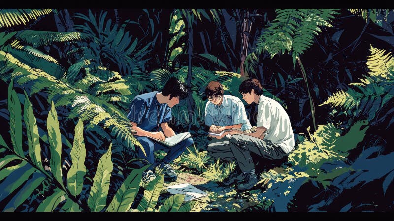 Three Men Working on a Research Project in the Jungle Stock ...