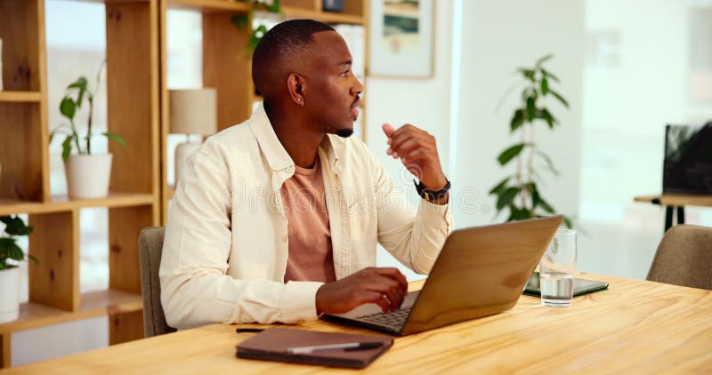 Research, Thinking and Black Woman in Office with Laptop for Business ...
