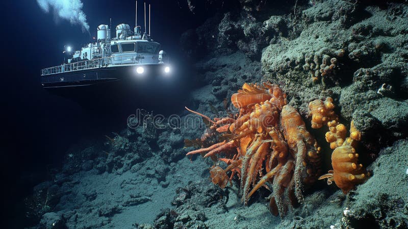 Research Vessel Exploring Deep Sea Coral Reef at Night Stock ...