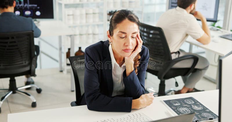 Research, Woman and Tired with Sleeping at Desk for Burnout, Exhausted ...